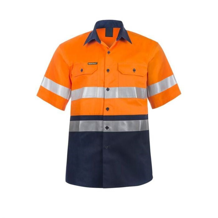 Reflective Hi-Vis Orange + navy 2-tone short sleeve cotton T-shirts ...